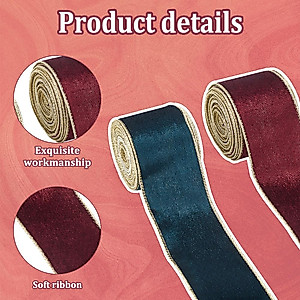 WEBEEDY 2 Rolls Christmas Velvet Ribbon Red Green Velvet Gold Trim Wire Edge Ribbon for Home Decor Gift Wrapping Christmas DIY Crafts, 20 Yards in Total