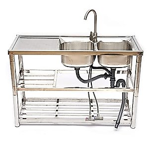 Free Standing Stainless Steel Commercial 2 Compartment Sink, Double Bowl Compartment Workbench Sink with Faucet & Storage Platform for Bar, Restaurant, Kitchen, Hotel, Home, 47.24x31.89x17.72In