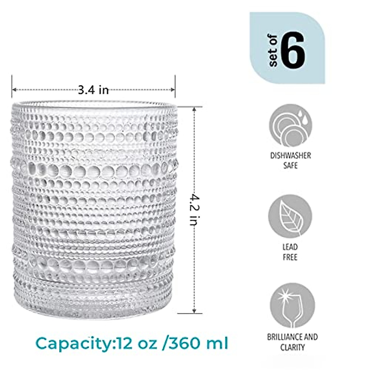 Bandesun Romantic Water Glasses, 12 oz Hobnail Drinking Glasses Set 6, Embossed Vintage Glassware Set for Beer, Cocktail, Soda, Beverage clear