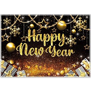 Swepuck 8x6ft Black and Gold Happy New Year Backdrop Hello 2025 Kiss Me at Midnight Photography Background Cheers to The New Year Eve Party Decoration Supplies Photo Booth Props