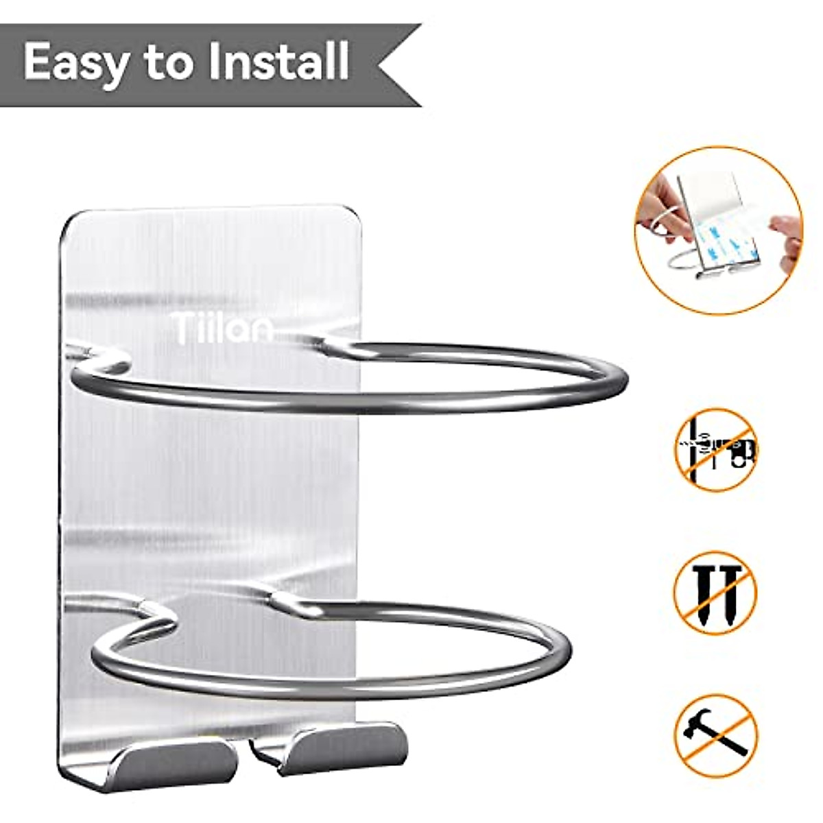 Tiilan Hair Dryer Holder Wall Mount Self Adhesive, SUS 304 Stainless Steel Bathroom Hair Blow Dryer Rack Organizer, Silver