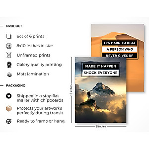 Motivational Wall Art - Inspirational Posters and Wall Art for Office, Home, Gym - Positive Quotes Wall Decor for Work Place - Inspiration Artwork for Business, Sports - 8x10inch, Set of 6 - UNFRAMED