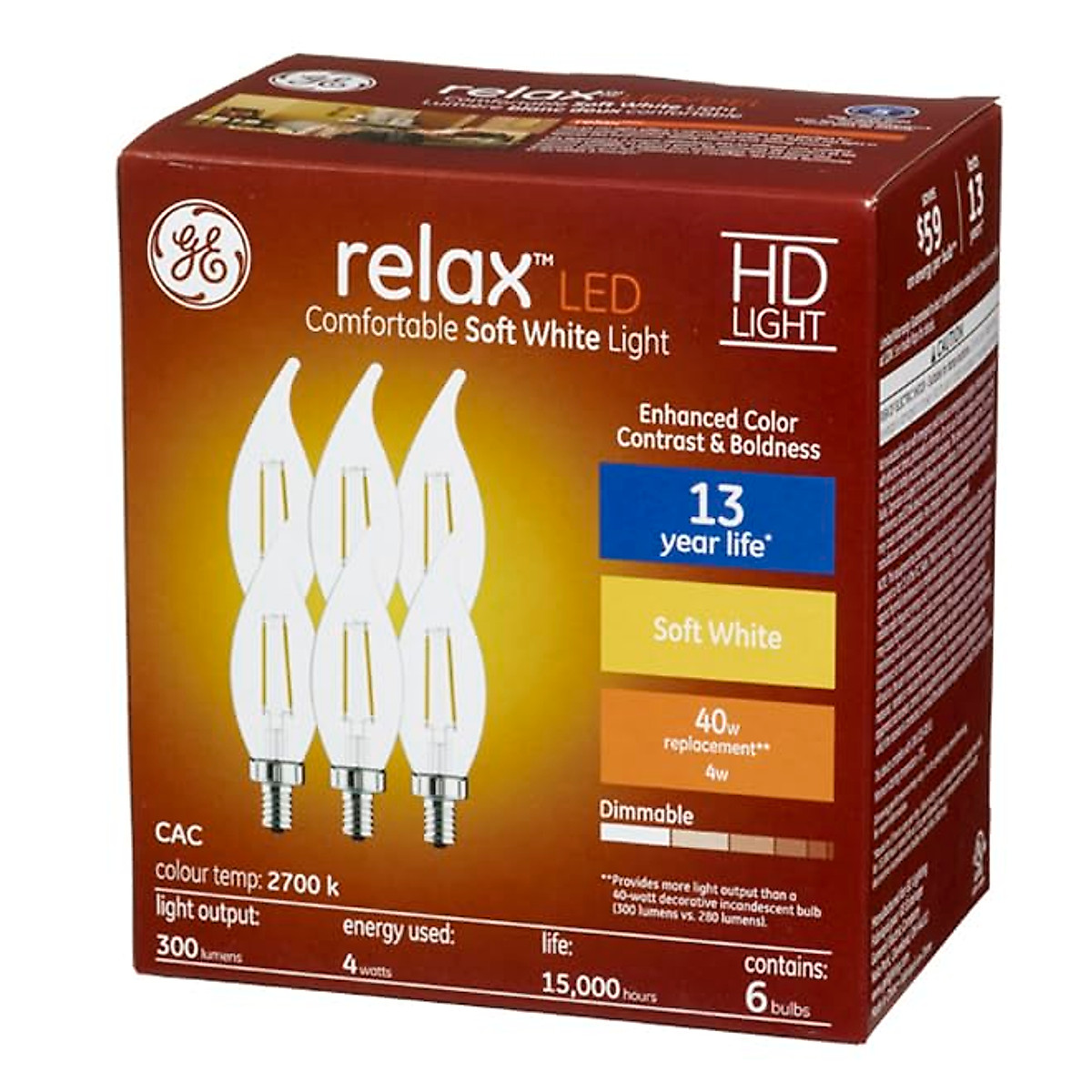GE (6 Bulbs) Relax LED HD Decorative Chandelier Light Bulb, Clear, Bent tip, 40 watt Replacement, Candelabra Base, dimmable 4 watt, 300 Lumen LED Light Bulb