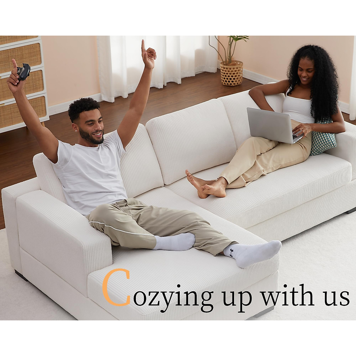 AMERLIFE 96 Inch Oversized Sectional Sofa, Modern Couch with Chaise, Comfy Sofa Couch with Left Chaise, White Corduroy Sofa