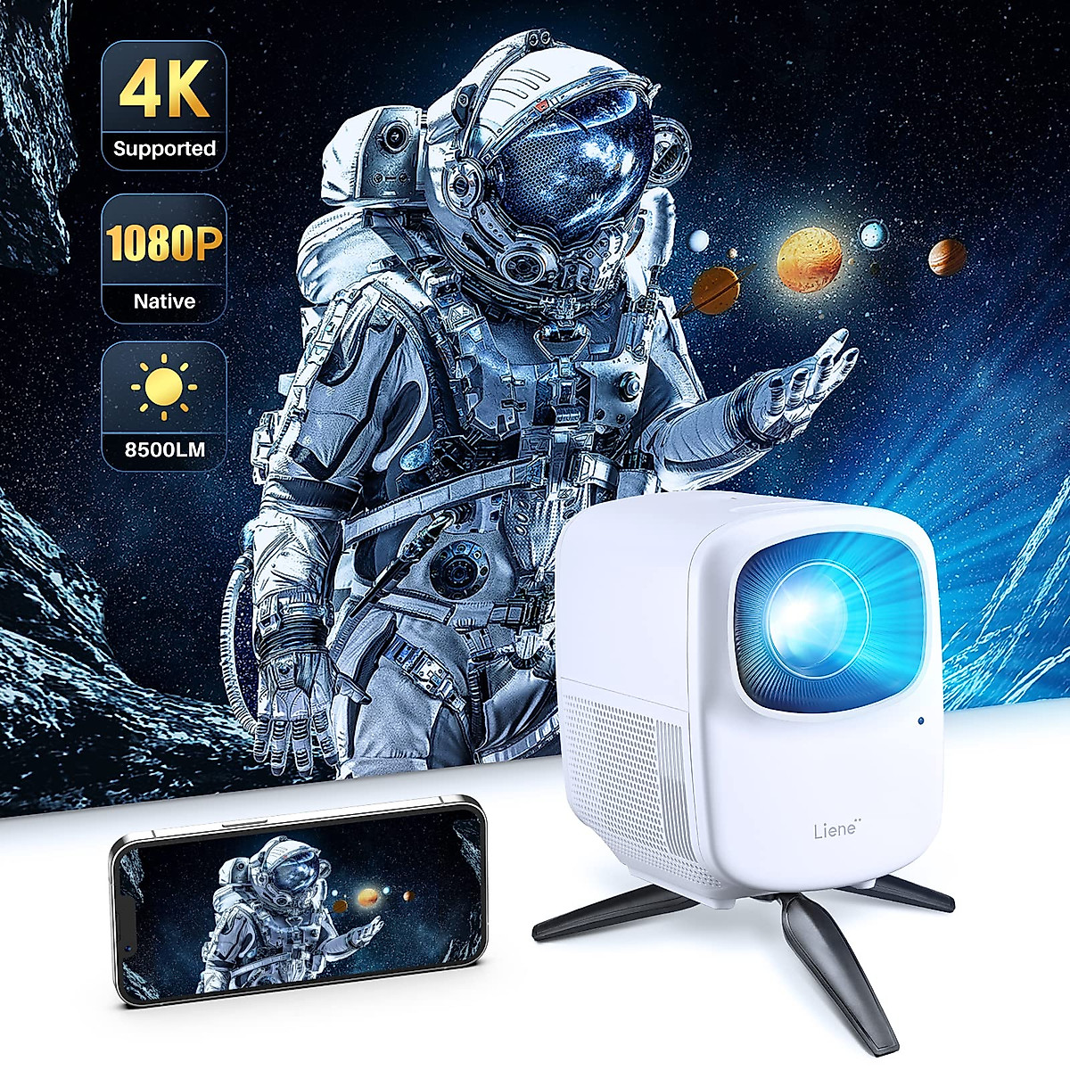 Liene Native 1080P Projector Outdoor/Indoor Smart Mini Projector, 400 ANSI 9500 Lumen 4K Supported, Mini Projector with 360 Degree Surround Sound, Dust-Proof, Compatible with TV Stick, iOS, Android