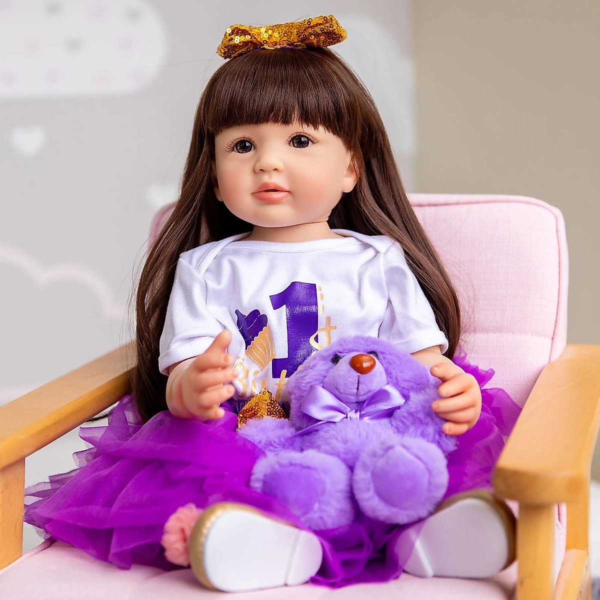 TERABITHIA 22 Inches Cute Alive Handmade Long Brown Hair Reborn Baby Doll Crafted in Silicone Vinyl Full Body Anatomically Correct Realistic Newborn Princess Toddler Girl Dolls Purple Gift Set