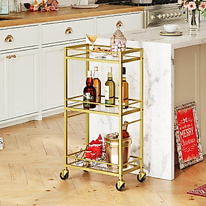 MAHANCRIS Bar Cart for The Home, Home Bar Serving Cart, Gold Bar Cart with 3-Tier Glass Shelf, Wine Holders, Glass Holder, Mini Bar Cart for Small Space, Kitchen, Dining Room, Gold RCJ40B01