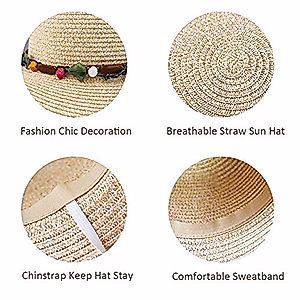 Women's Wide Brim Sun Protection Straw Hat,Folable Floppy Hat,Summer UV Protection Beach Cap (Chain-Beige)