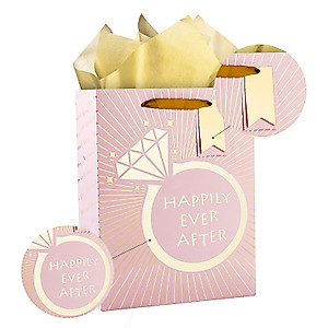 Loveinside Wedding Gift Bag with Tissue Paper, Gift Tag and Greeting Card for Wedding, Birthday, Party, and More - 10" x 5" x 13", 1 Pcs, Wedding Ring Pink