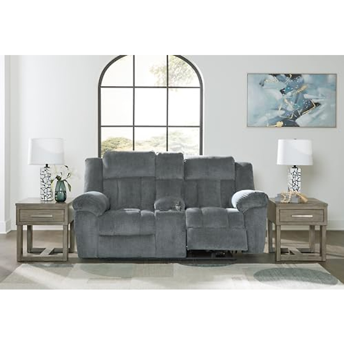 Signature Design by Ashley Tip-Off Modern Wall Hugger Power Reclining Loveseat with Adjustable Headrest, USB Ports, Storage and Cup Holders, Gray