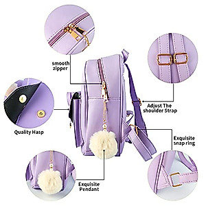 Aogist Mini Leather Backpack Purse 3-Pieces Fashion Bowknot Zipper Bags Cute Casual Travel Daypacks for Girls and Women (Purple)