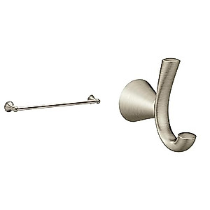 Moen Preston Collection Brushed Nickel 24-Inch Bathroom Single Towel Bar, Wall Mounted Hand or Body Towel Rack, DN8424BN & YB2303BN Glyde Robe Hook, Brushed Nickel