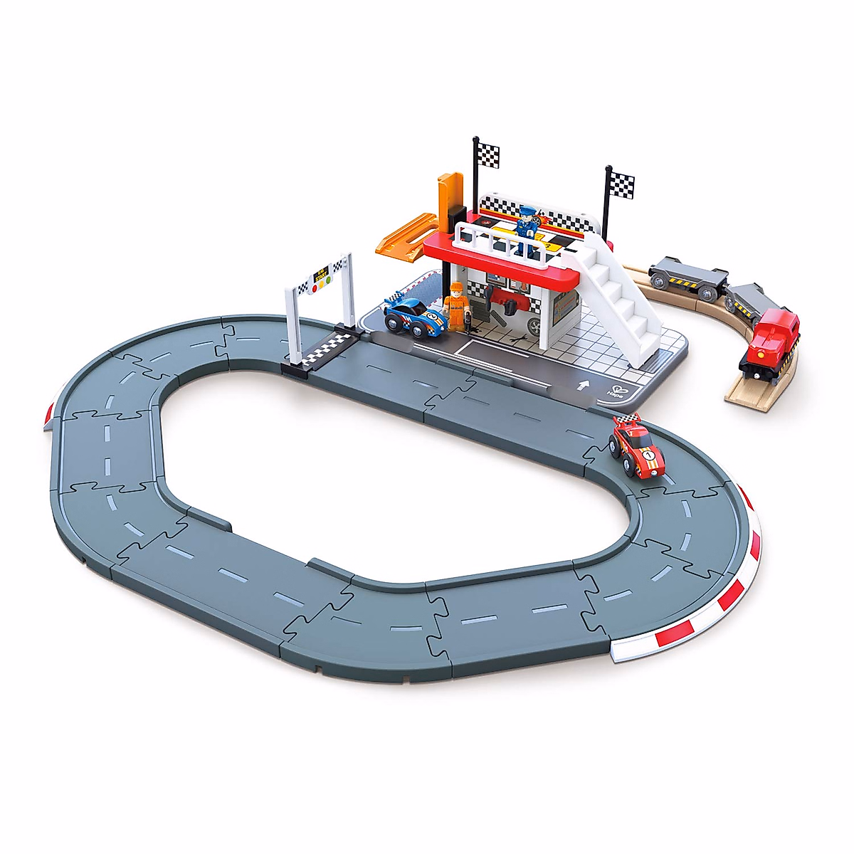 Hape Race Track Station Wooden Realistic Kids Race Track Toy with Two Race Cars, Carriages & Repair Station L: 25.2, W: 4.7, H: 23.6 inch