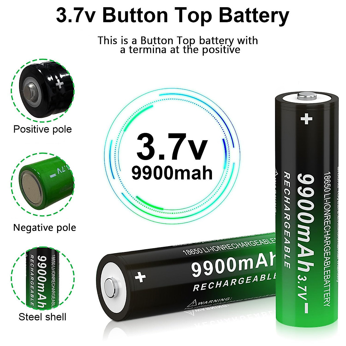 CPZZ 3.7volt 18650 Rechargeable Battery 3.7v Battery 18650 Rechargeable Battery Lithium 3.7 Volt Button top for flashlights and headlamp，Headlight etc (2pack-3.7v)