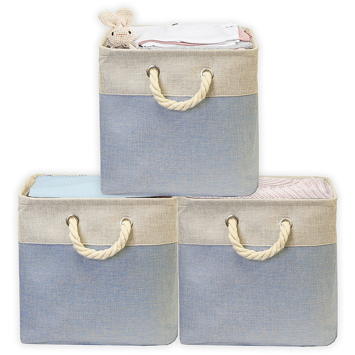 Simple Houseware Cotton Handle Extra Large Fabric Cube Storage Bin, 3 Pack, Blue