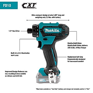Makita FD10R1 12V max CXT® Lithium-Ion Cordless 1/4" Hex Driver-Drill Kit (2.0Ah)