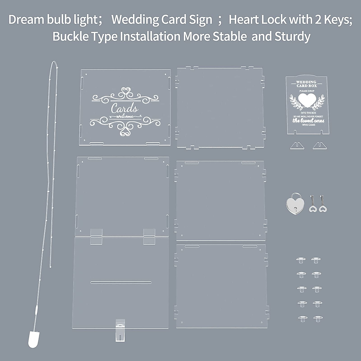 FEMELI Acrylic Wedding Cards Box with Slot & Lock, 10x9.6x9.3in Large Clear Gift Letter Envelope Card with Sign/ 2 Keys/ light for Reception Anniversary Birthday Party Baby Shower Decorations