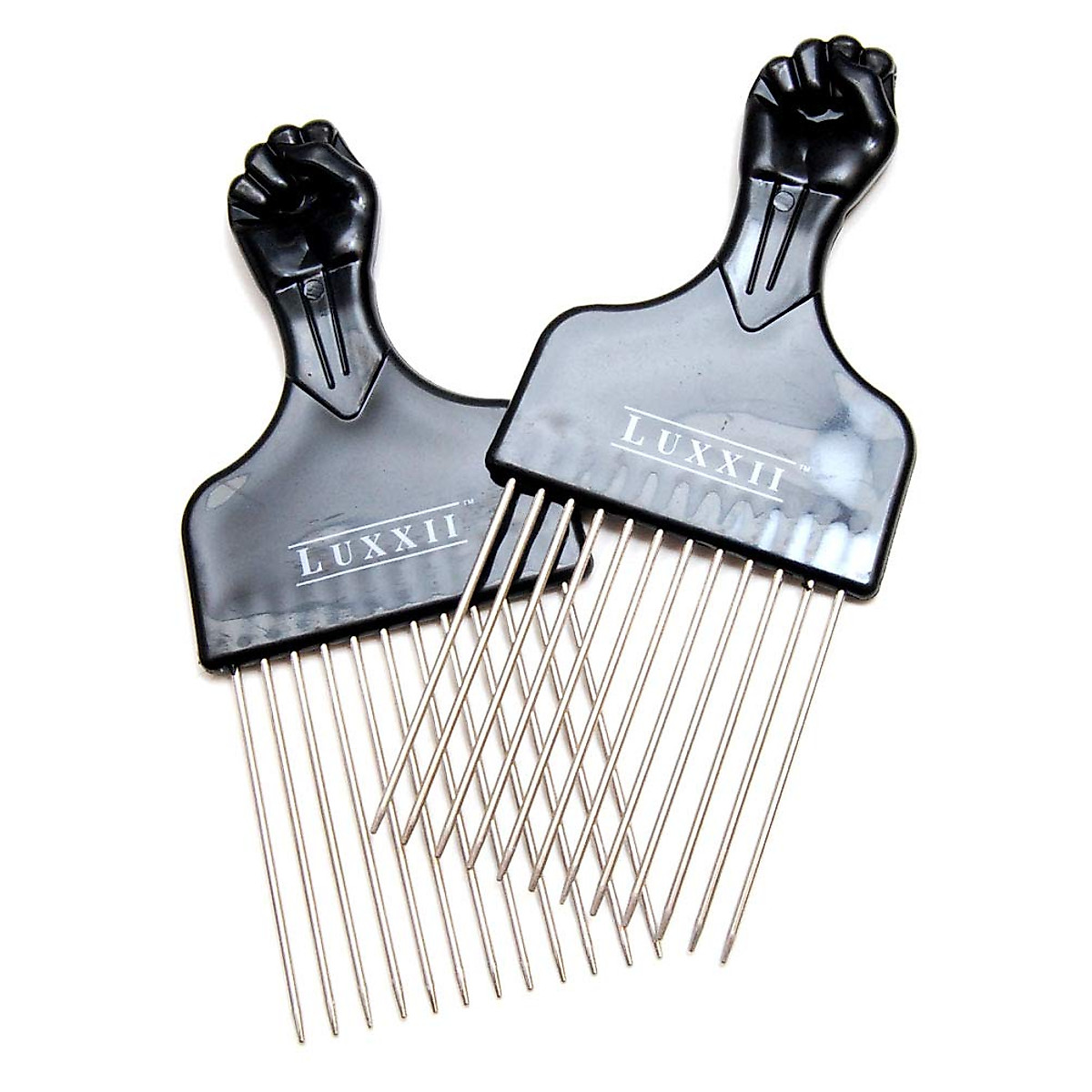 LUXXII (2 Pack) 6.75" Black Fist Metal Afro Pick Lift Hair Comb Detangle Wig Braid Hair Man Styling Comb