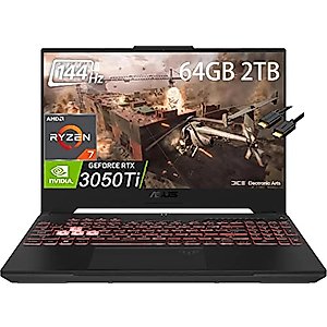 ASUS TUF Gaming A15 15.6" FHD 144Hz (64GB DDR5 RAM, 2TB PCIe SSD, AMD 8-Core Ryzen 7 6800H (Beat i7-11800H), RTX 3050 Ti) Gaming Laptop, RGB Backlit, Type-C, Wi-Fi 6, Free HDMI, Win 11 Home