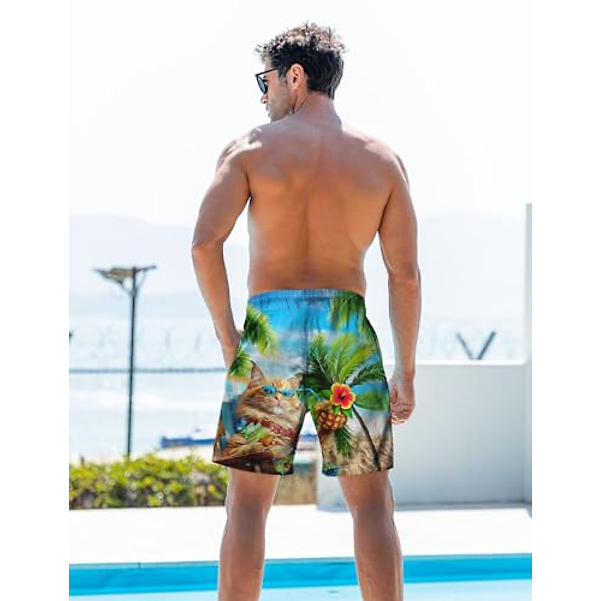 Goodstoworld Funny Cat Swim Trunks for Men Mens Swimming Trunks Board Shorts Summer Long Hawaiian Water Party Beach Bathing Suits