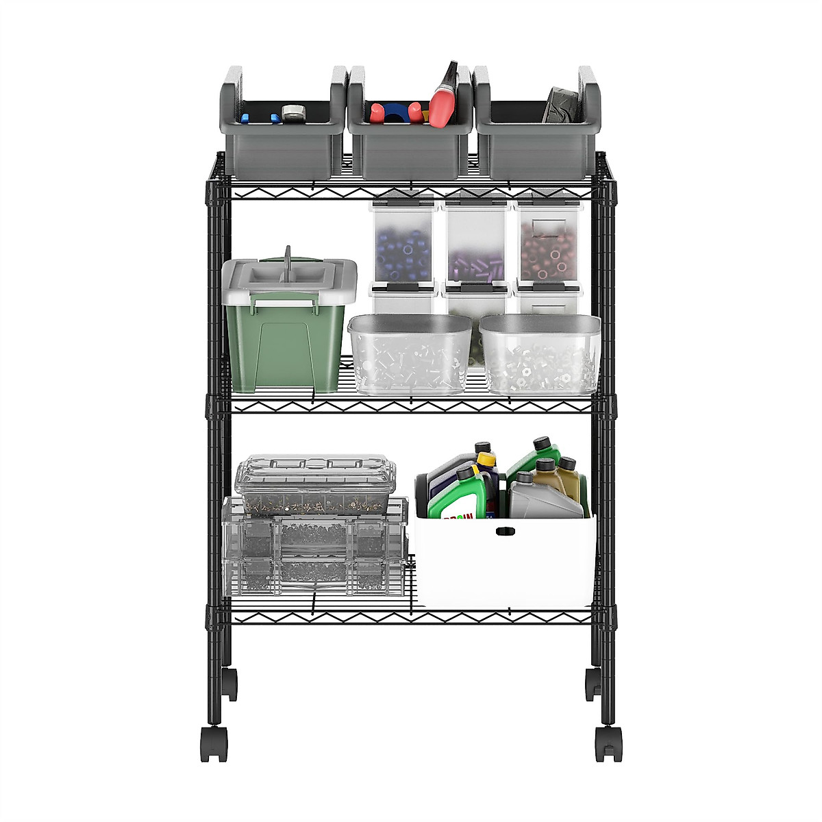 Furinno Wayar 3-Tier Metal Storage Shelf Rack Cart with Casters, 23 x 13 x 30, Black