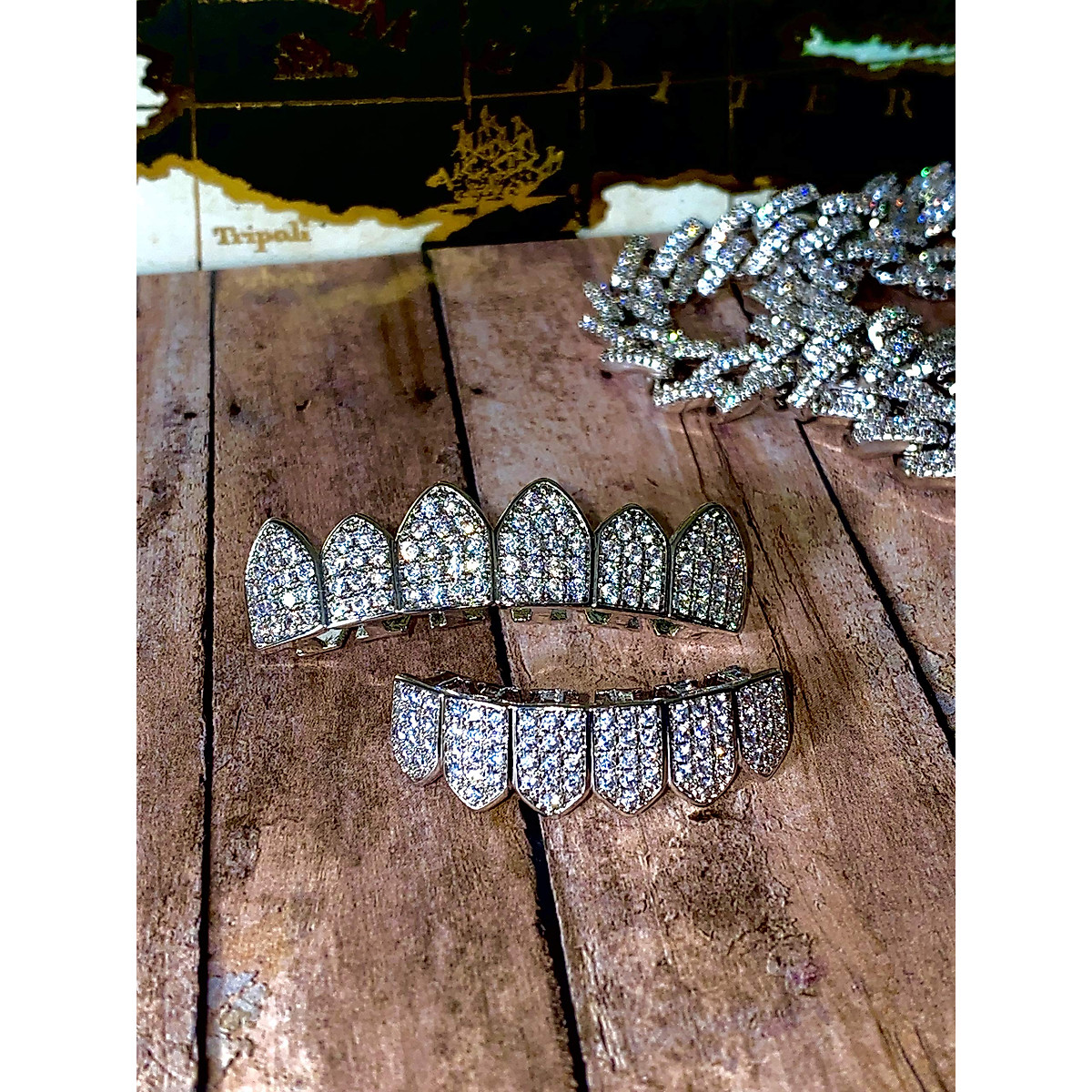 18K White Gold Plated CZ Cluster Custom Slugs Top Bottom Grillz Mouth Teeth Grills Set - Grillz, Teeth Cap, Iced Out Grillz (Top & Bottom Set)