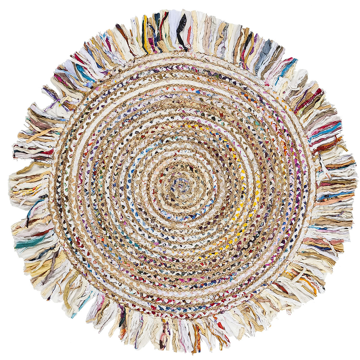 SAFAVIEH Cape Cod Collection Area Rug - 4' Round, Ivory & Light Beige, Handmade Boho Fringe Jute & Cotton, Ideal for High Traffic Areas in Living Room, Bedroom (CAP206B)