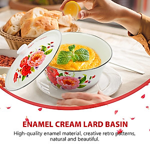 DOITOOL Vintage Enamel Basin Large Retro Enamel Bowl Flower Printed Cooking Pot Tureen Pot with Lid Kitchen Accessories