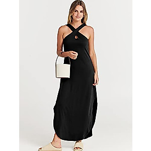 ANRABESS Women's Casual Loose Sleeveless Beach Dress Criss Cross Slit Maxi Sun Dresses 2023 Fashion Vacation Outfits Summer Clothes Resort Cruise Wear A453heise-XL Black