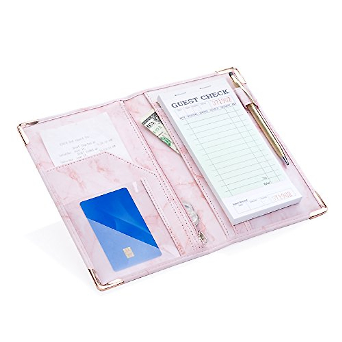 Sonic Server Marble Style Deluxe Server Book for Restaurant Waiter Waitress Waitstaff | Millennial Pink | 9 Pockets Includes Zipper Pouch with Pen Holder | Holds Guest Checks, Money, Order Pad