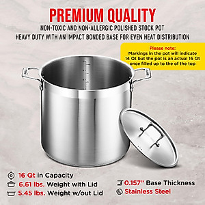 Stockpot – 16 Quart – Brushed Stainless Steel – Heavy Duty Induction Pot with Lid and Riveted Handles – For Soup, Seafood, Stock, Canning and for Catering for Large Groups and Events by BAKKEN