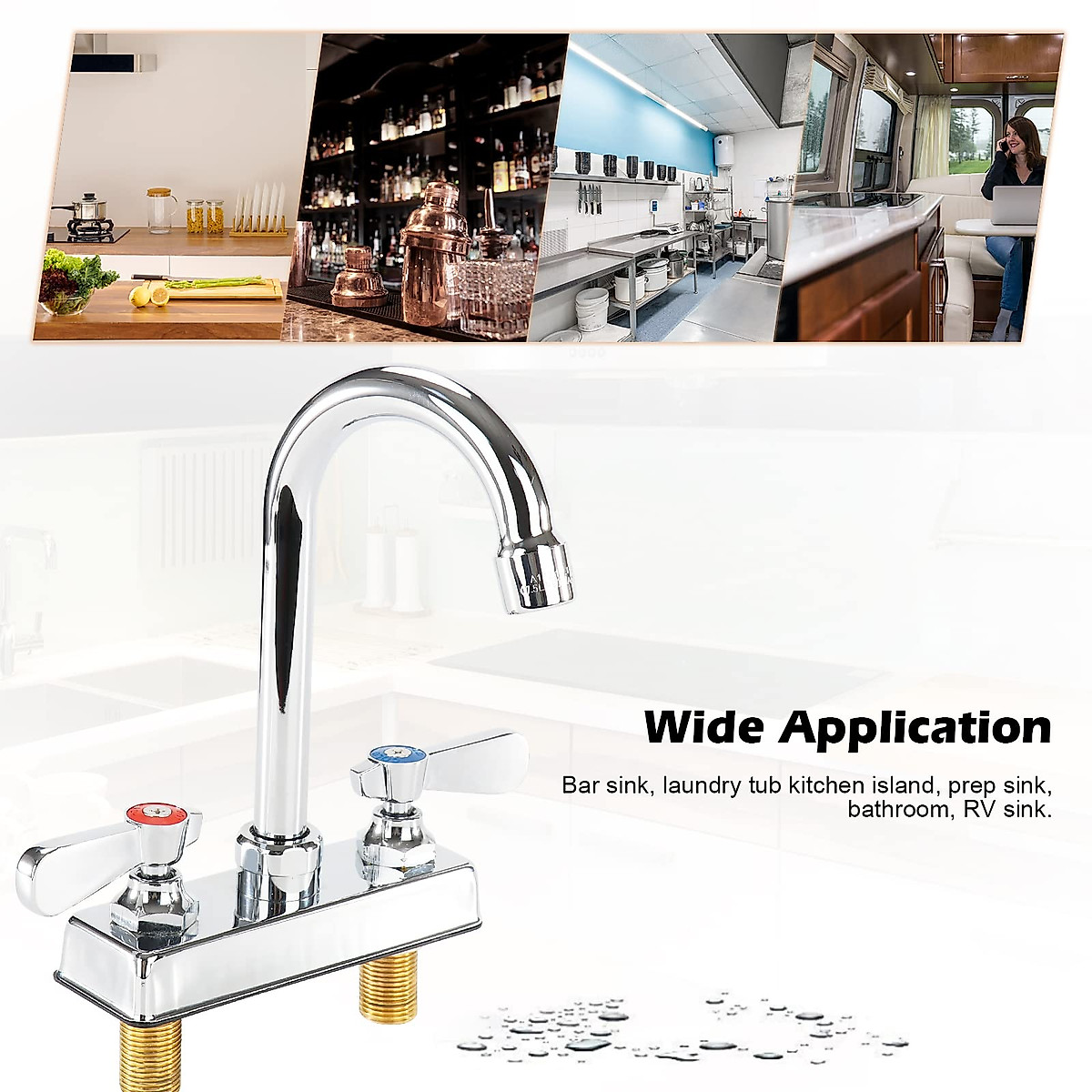 Commercial Bar Sink Faucet 4 Inch Center Deck Mount Bar Sink Faucet 2 Hole Brass Constructed & Chrome Polished with 3-1/2" Gooseneck Spout & Dual Lever Handles