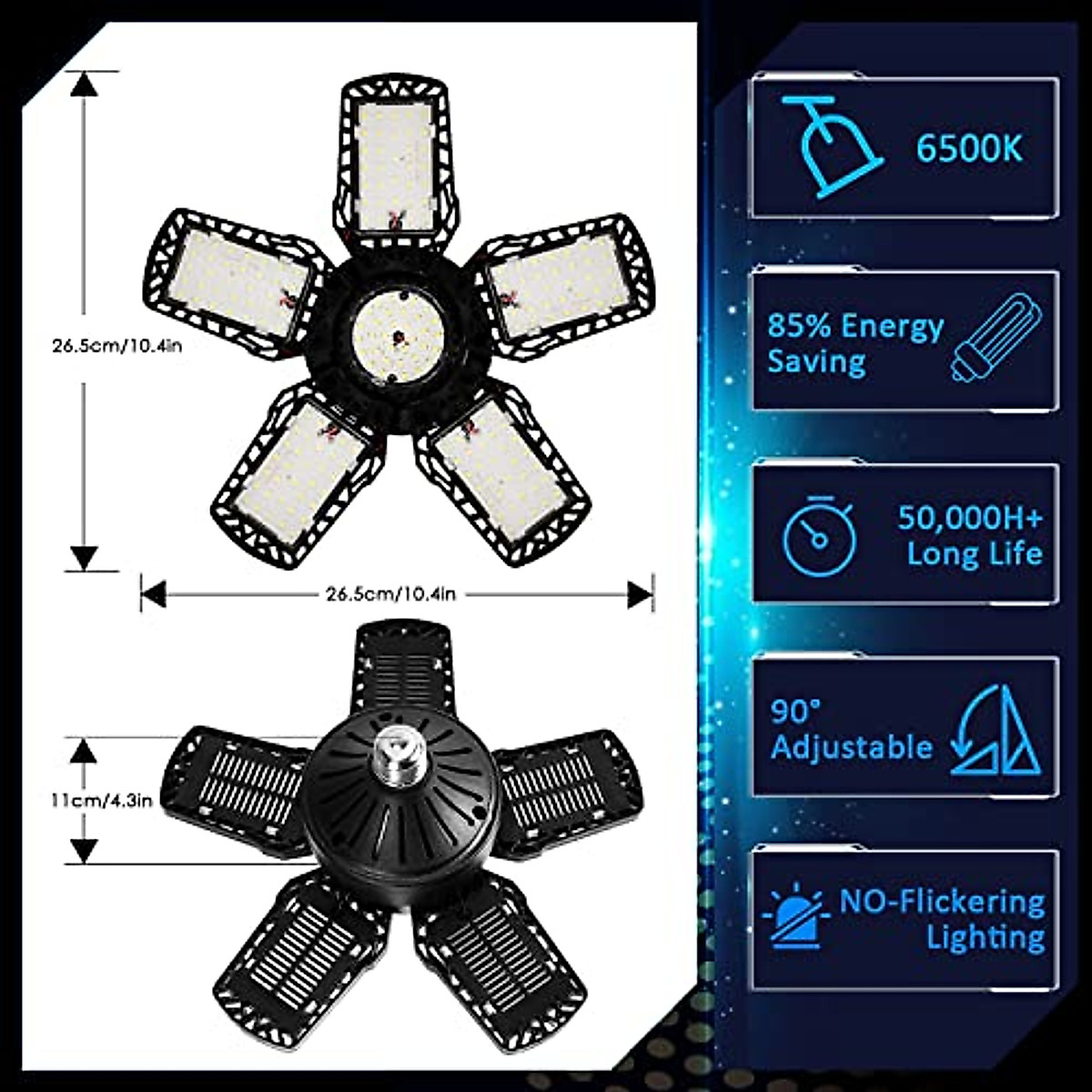 FBIRUNYI 2 Pack LED Garage Lights, 150W 15000LM 6500K Deformable LED Garage Ceiling Light Shop Lights with 5+1 Multi-Position Panels for Garage Workshop Basement Support E26/E27 Screw Socket
