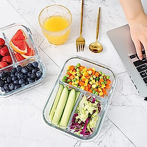 Moretoes 5pcs 35oz Glass Food Storage Containers 3 Compartments Portion Control with Upgraded Snap Locking Lids, Meal Prep Glass Airtight Leakproof Set, Safe Home Container Suitable for Freezer, Ovens