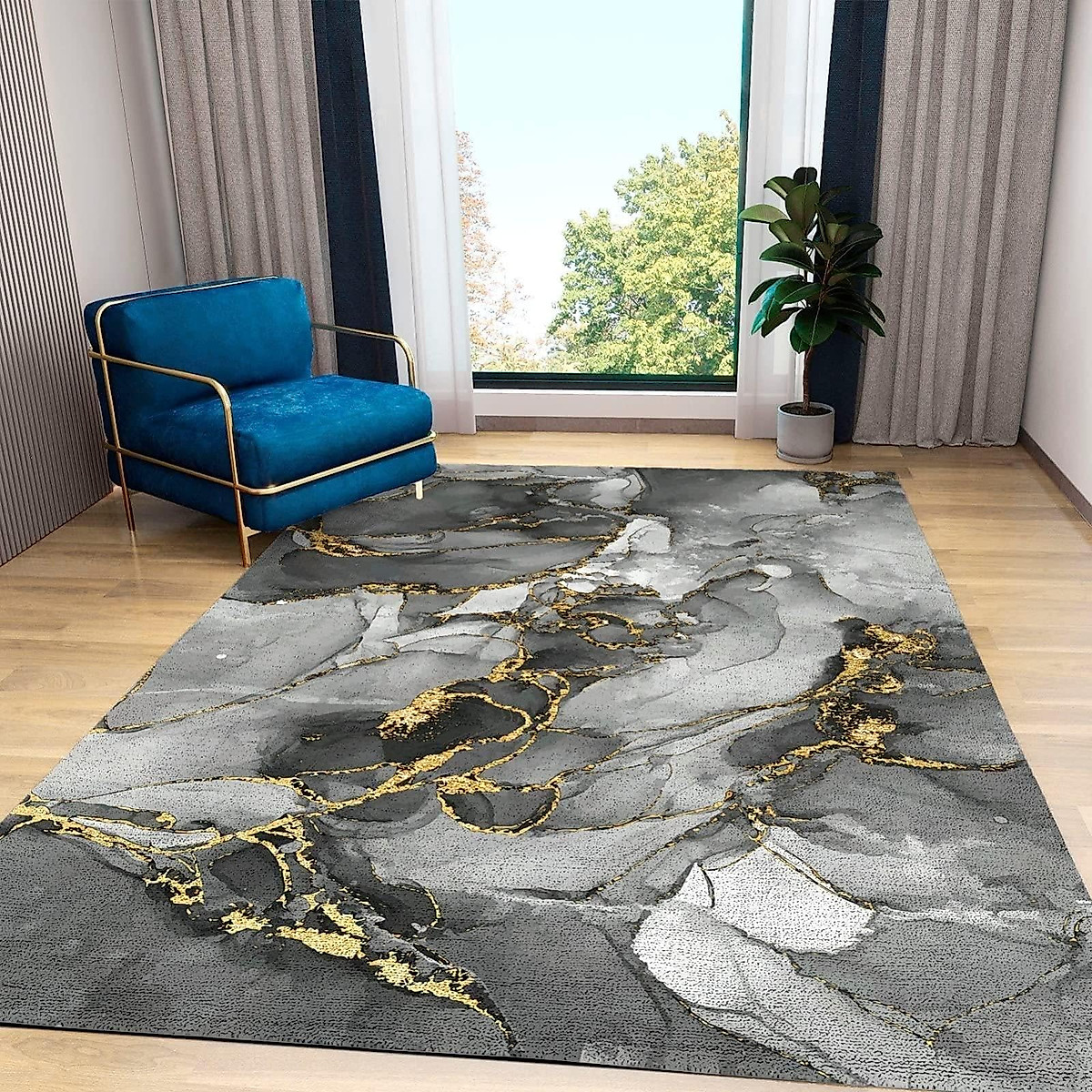 Modern Abstract Golden Gray Marble with Cracks Area Rug, Nordic Minimalist Texture Decorative Rug, Non-Slip Foldable Suitable for Living Room Bedroom Dining Room Office 3ftx4ft