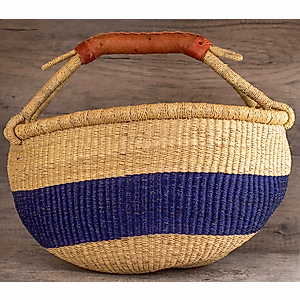 The Bead Chest African Bolga Basket | Genuine Leather Handle | Woven Handmade Fair Trade Product | 100% Authentic Ghanaian | 16-18 Inches Across | Indigo Blue - Striped