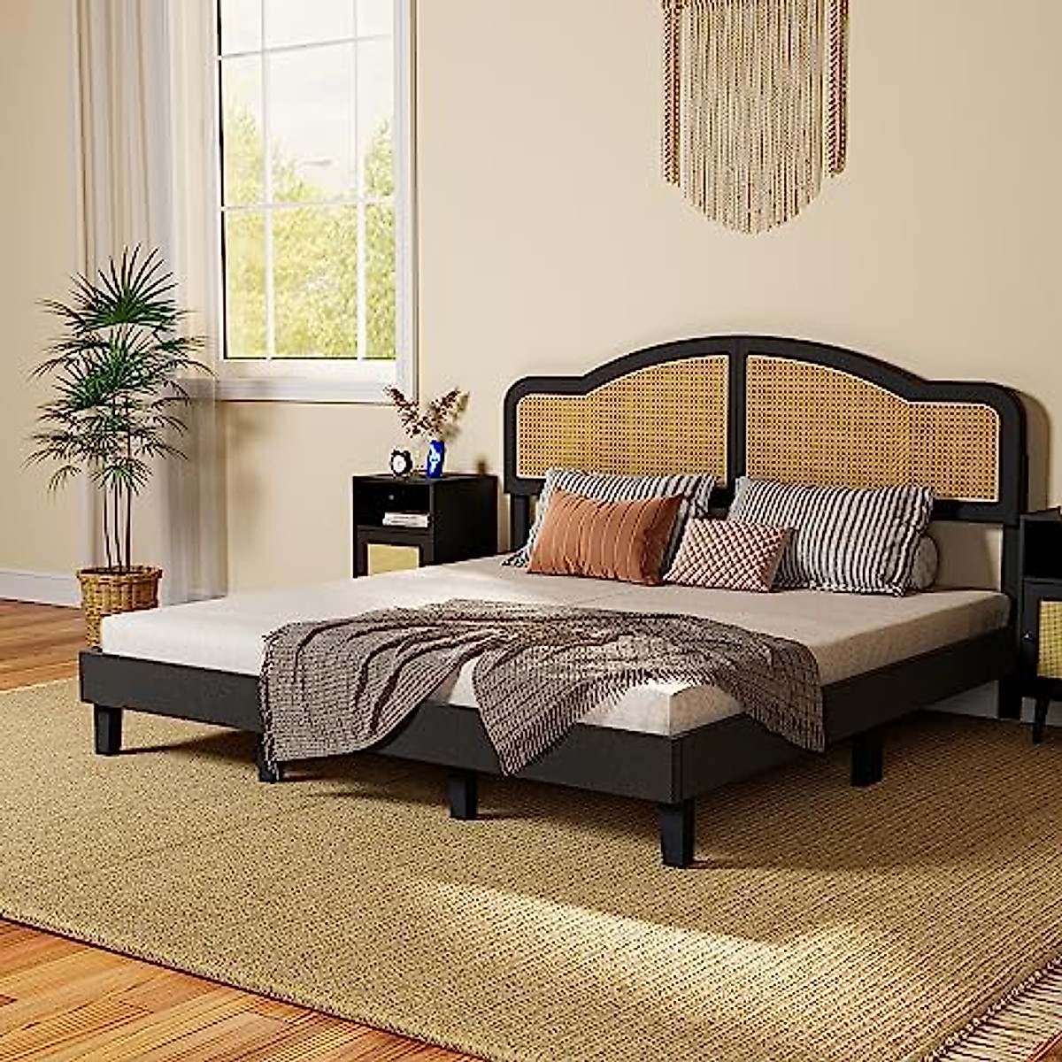 Cozy Castle Wooden King Size Bed Frame with Adjustable Rattan headboard, Boho Platform Bed Frame, No Box Spring Needed, Black
