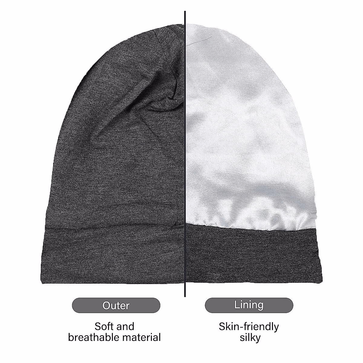 2 Pieces Silk Satin Bonnet for Mens with Natural Curly Wave Hair (Black, Dark Grey)