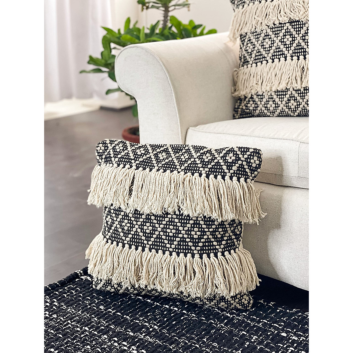Chardin home Black & Ivory Boho Pillow Covers, Set of 2 Decorative Throw Pillow Covers 20x20 with Fringe Tassels | Farmhouse Pillow Cover with Woven Diamond Design