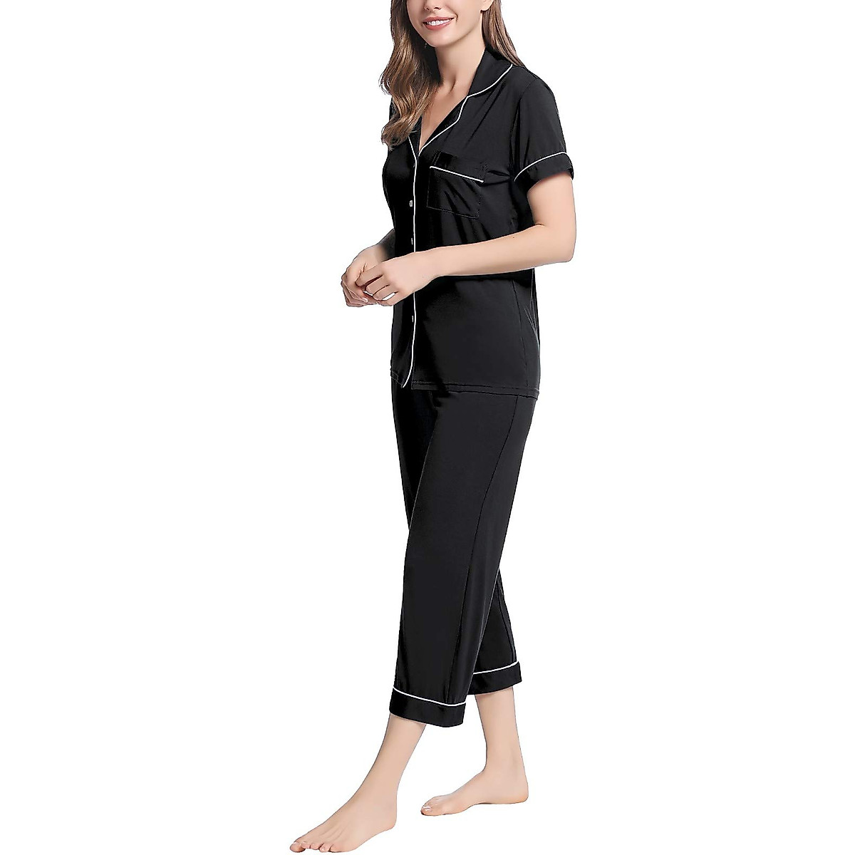 Joyaria Womens Bamboo Viscose Pajamas Set Cooling/Cool Pjs Set Night Sweats Sleepwear Jersey Knit(Black, XL)