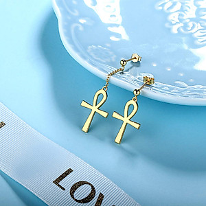 Egyptian Ankh Cross Earrings for Men Women 925 Sterling Silver Gothic Cross Dangle Earrings Ancient Symbol Key of Life Ankh Earrings Protection Jewelry Christmas Gifts for Women Mom Wife FE079Y