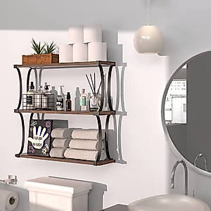 J JACKCUBE DESIGN Floating 3 Tier 27 Inch Rustic Wood Wall Mount Bathroom Shelf, Storage Display Organizer Farmhouse Shelves with Curved Metal Brackets for Bathroom, Living Room- MK476C