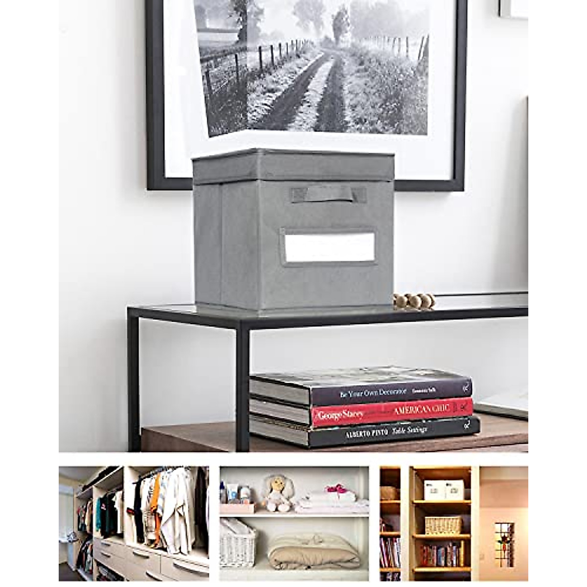 Collapsible Storage Containers Cubes 3pcs Fabric Cube Storage Bins with Lids for Organizing Shelves Home Bedroom Closet Office,Storage Boxes Baskets Organizer with Label & Pen,Large (Beige)