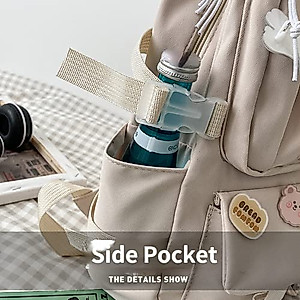 Kawaii School Canvas Backpack with Cute Kitty and 2 Bear Pendants Pins Accessories Laptop Daypack Aesthetic Backpacks Schoolbag Back To School Supplies (Khaki)