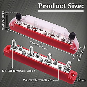 Seamaka (Red+Black) Power Distribution Terminal Block with Cover with 4 x 1/4”(M6) Post,6 x M4 Terminal Screws,Battery Bus Bar with Ring Terminals for Car Boat Marine O-038-10-C-N