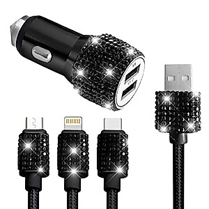 Bling Dual USB Car Charger with 3-in-1 Multi Fast Charging Cable, Dual Port Charger Adapter with Type C Micro USB Cord for iPhone, Android, Rhinestones Car Interior Accessories for Women(Black)