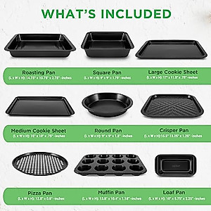 NutriChef 10-Piece Non-Stick Baking Pans Set - Deluxe Carbon Steel Bakeware Set w/ Cookie Sheets, Muffin Pan, Roasting Pan, Cake Pan, Baking Tray, Pizza Pan - Nonstick & Dishwasher Safe, Black