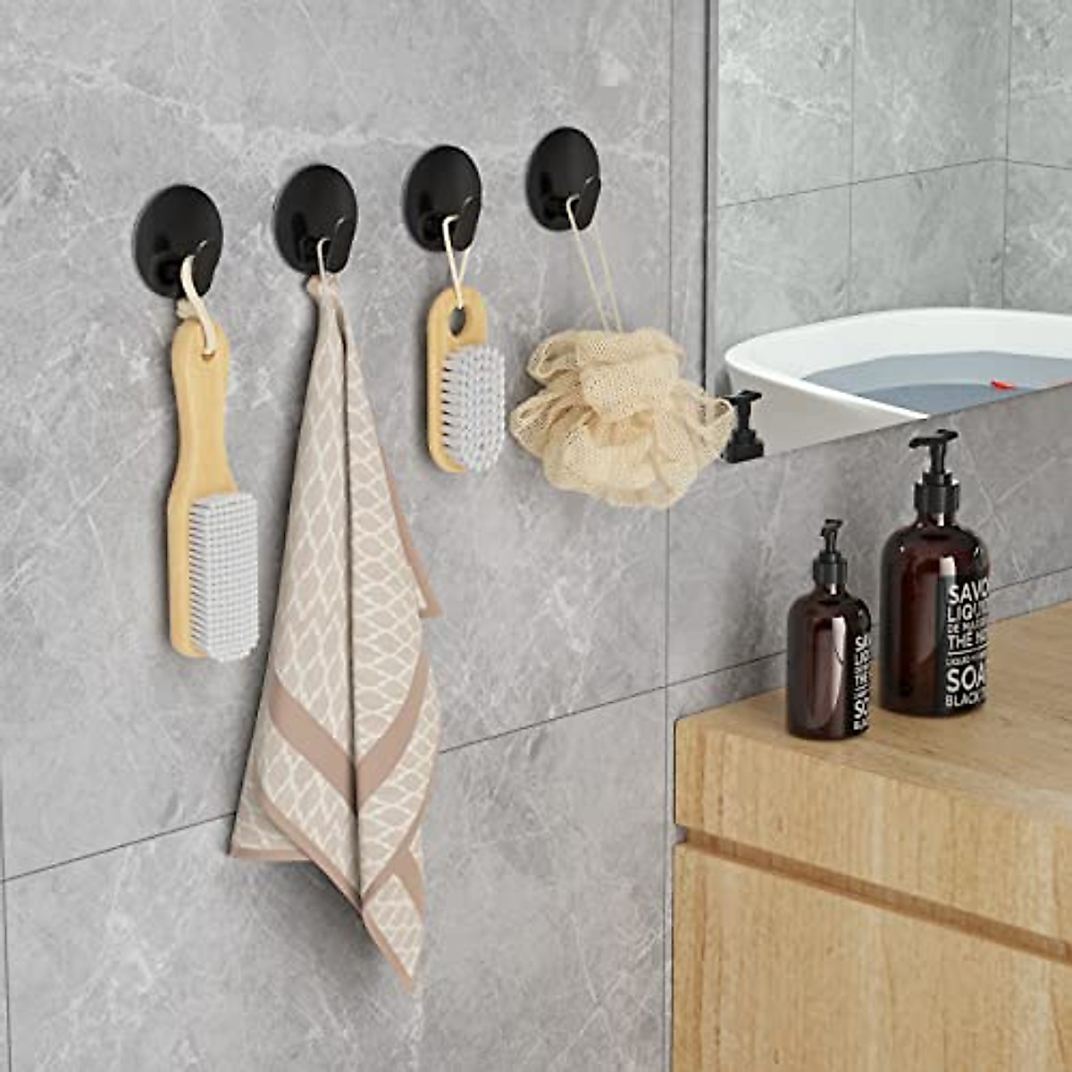 EAGMAK Towel Hooks for Bathroom, 4 Pack Adhesive Hooks, SUS304 Stainless Steel Shower Hooks, Round Wall Hook Holder for Hanging Robe, Loofah, Coat, Clothes, Hat, Key in Washroom Kitchen Hotel (Black)