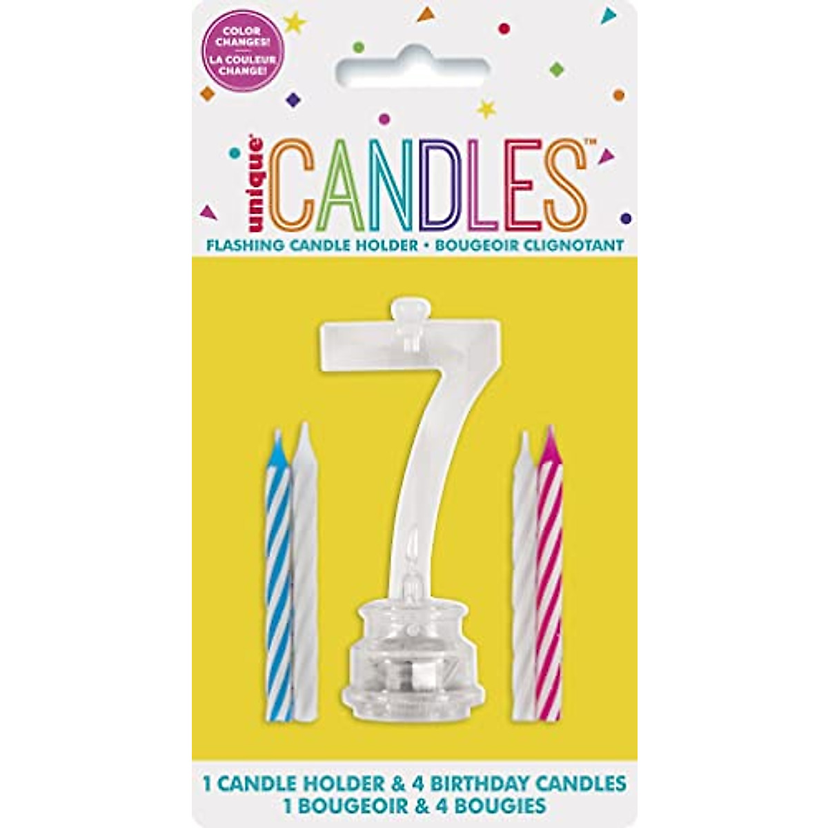 Unique Number 7 Flashing Candle Holder & Candles, 3", Multicolor