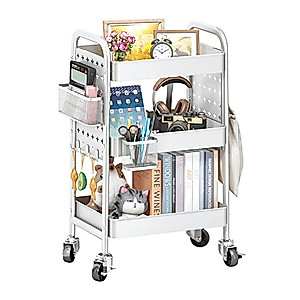 3 Tier Rolling Utility Cart - Craft Storage Organizer with Wheels, Art Cart with DIY Dual Pegboards, Removable Baskets Hooks, for Office, Home, Kitchen, Classroom (White)
